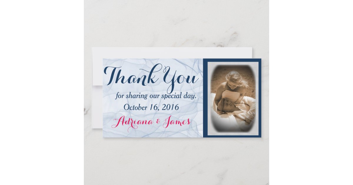 elegant blue script wedding photo thank you cards | Zazzle