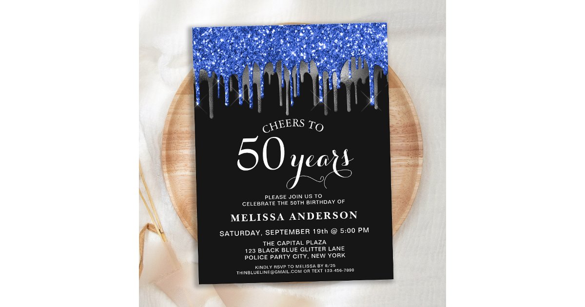 Elegant Blue Silver Black Glitter Drip 50 Birthday Invitation Postcard ...