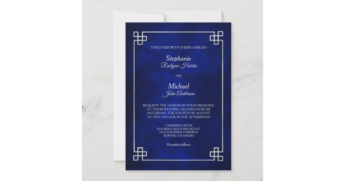 Elegant Blue Silver Frame Wedding Invitation | Zazzle