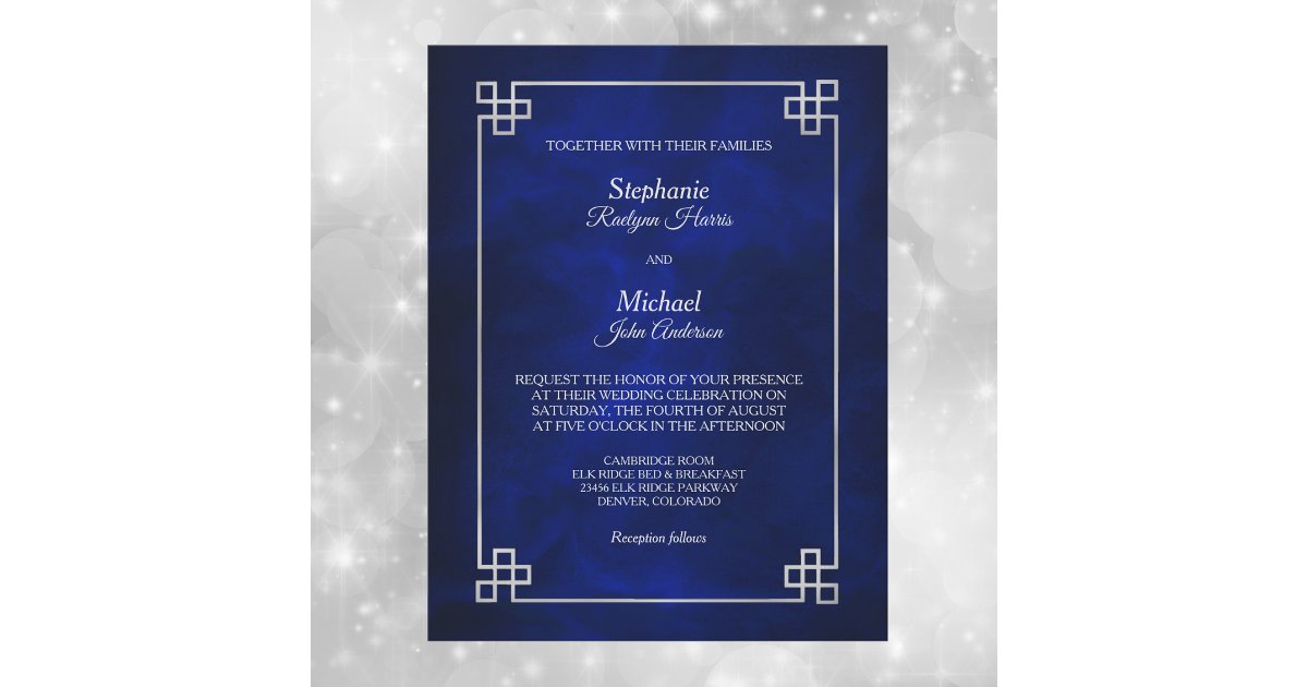 Elegant Blue Silver Frame Wedding Invitation | Zazzle