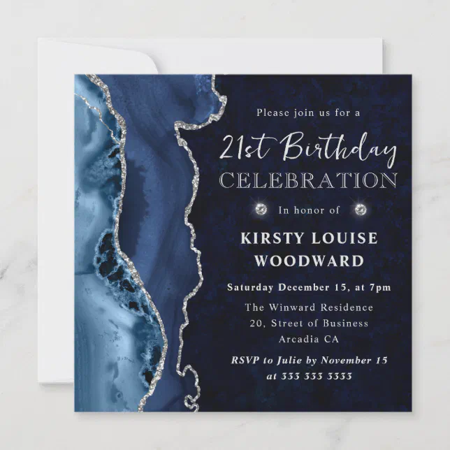 Elegant Blue & Silver Glitter Agate 21st Birthday Invitation | Zazzle