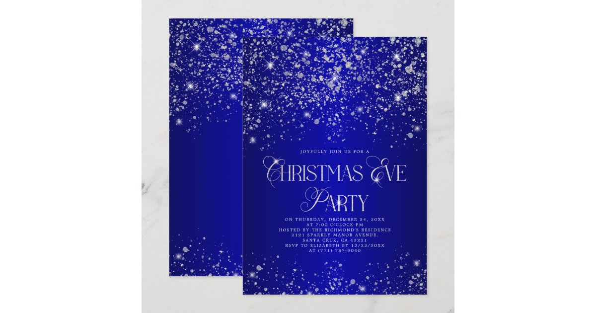Elegant Blue Silver Glitter Christmas Eve Party Invitation | Zazzle