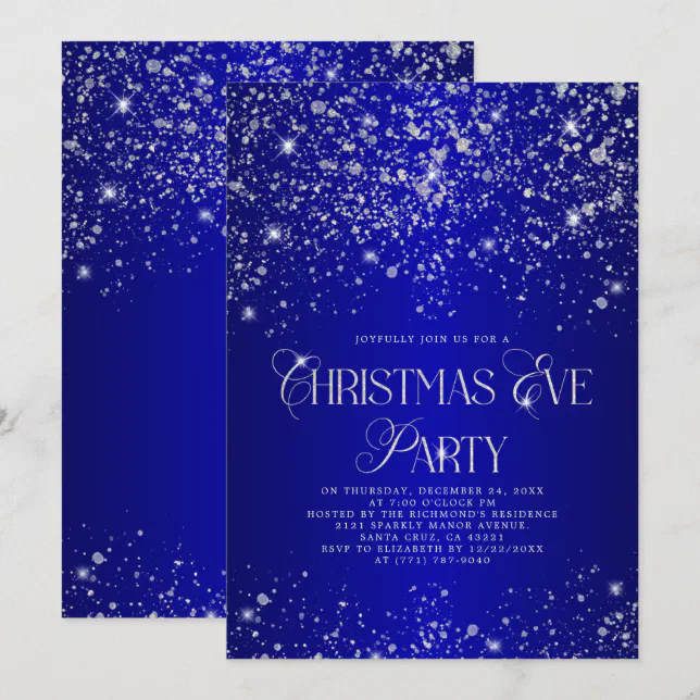 Elegant Blue Silver Glitter Christmas Eve Party Invitation | Zazzle
