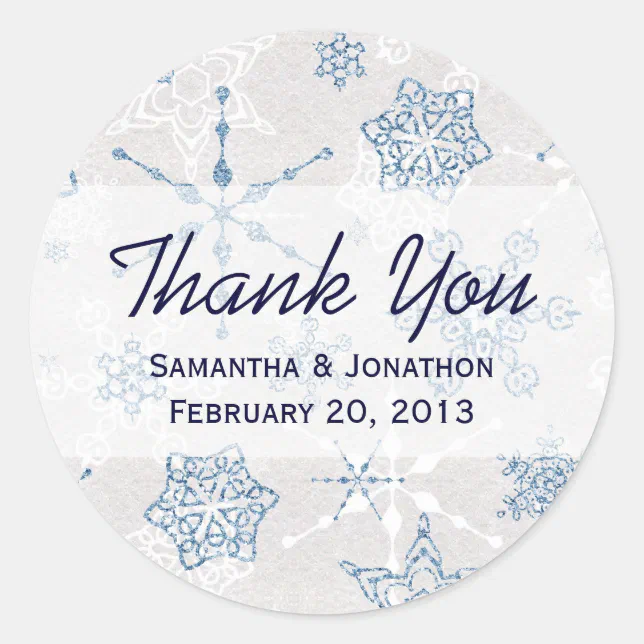 Elegant Blue & SIlver Holiday Snowflake Thank You Classic Round Sticker ...