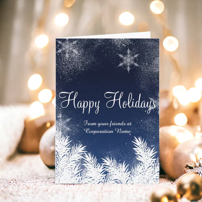 Elegant blue snowflake winter corporate greetings holiday card | Zazzle