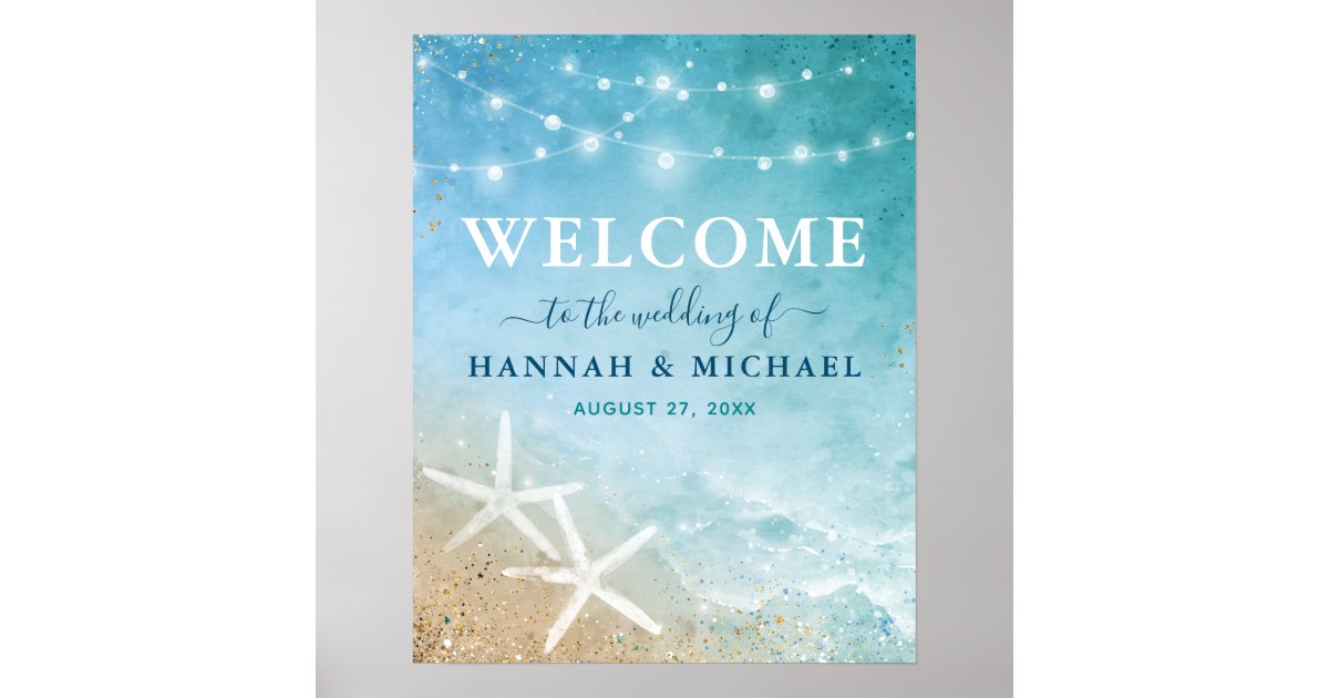 Elegant Blue Teal Watercolor Beach Welcome Party Poster | Zazzle