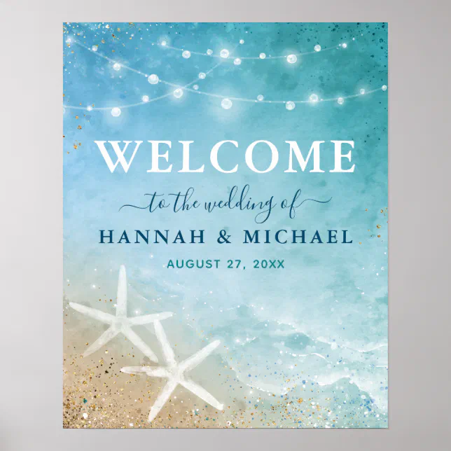 Elegant Blue Teal Watercolor Beach Welcome Party Poster | Zazzle