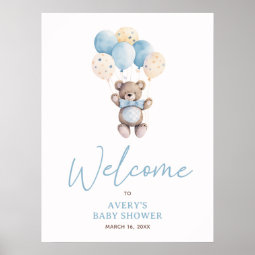 Elegant Blue Teddy Bear Script Welcome Baby Shower Poster | Zazzle