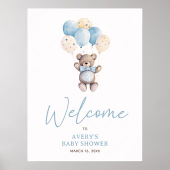 Elegant Blue Teddy Bear Script Welcome Baby Shower Poster | Zazzle