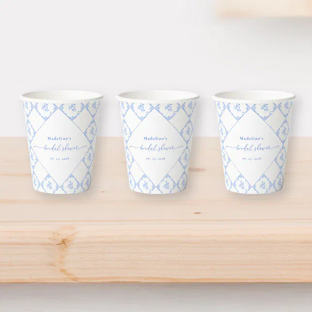 Elegant Blue Tiles Bridal Shower Paper Cups | Zazzle