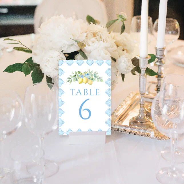 Elegant Blue Tiles Lemon Wedding Table Numbers | Zazzle
