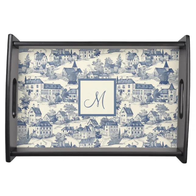 Elegant Blue Toile de Jouy Village Scene Serving Tray | Zazzle