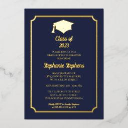 Elegant Blue University Graduation Party Gold Foil Invitation | Zazzle