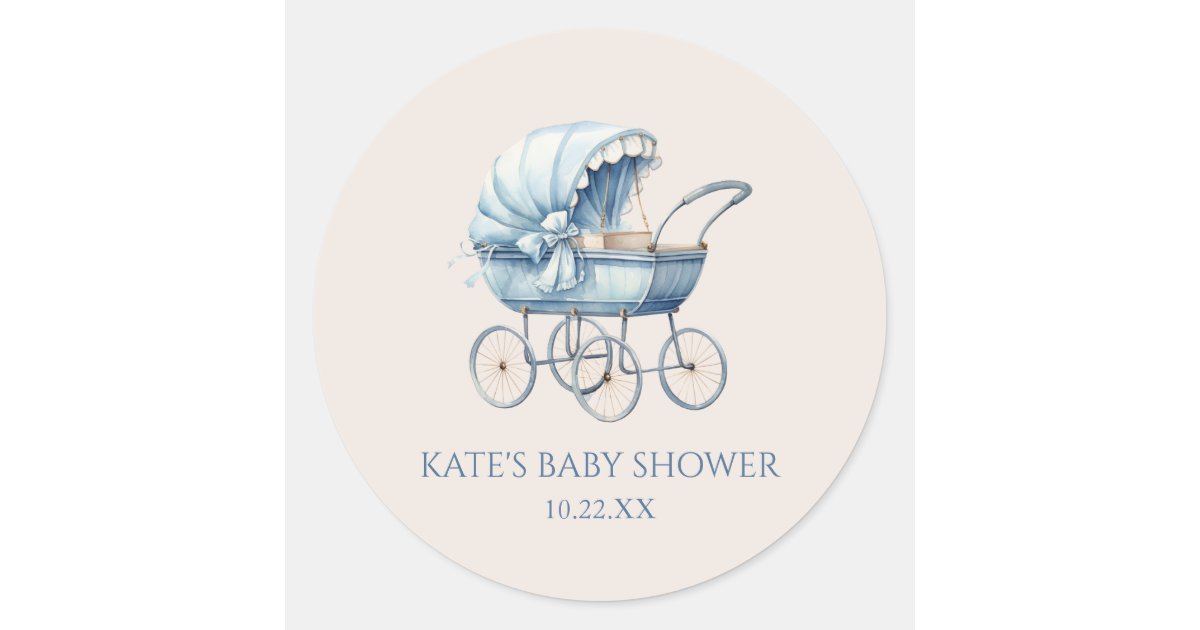 Elegant Blue Vintage Baby Carriage Baby Shower Classic Round Sticker ...
