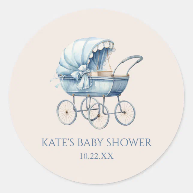 Elegant Blue Vintage Baby Carriage Baby Shower Classic Round Sticker ...