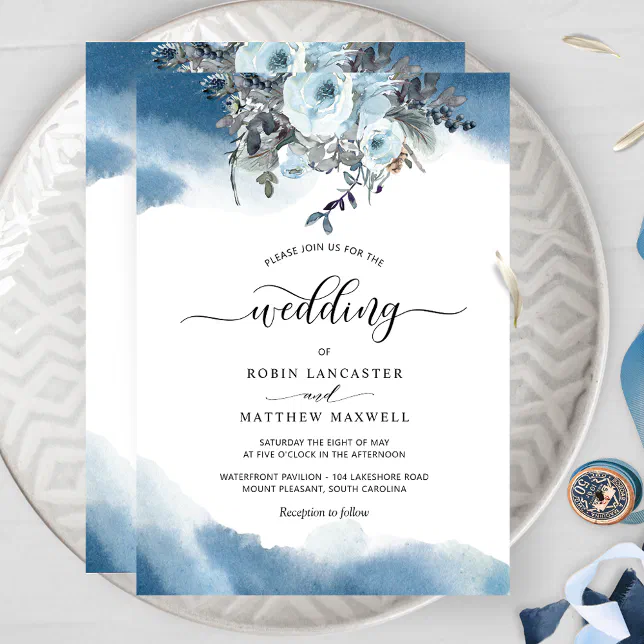 Elegant Blue Watercolor and Blue Floral Wedding Invitation | Zazzle