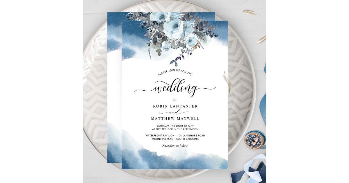 Elegant Blue Watercolor and Blue Floral Wedding Invitation | Zazzle