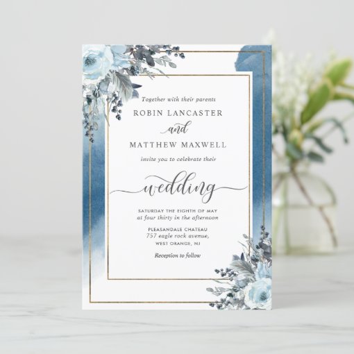 Elegant Blue Watercolor and Blue Floral Wedding Invitation | Zazzle