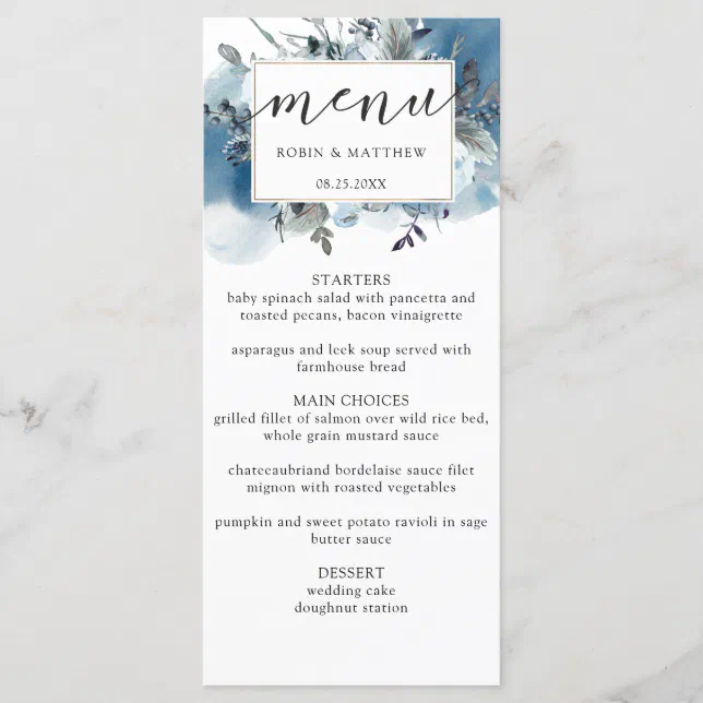 Elegant Blue Watercolor and Floral, Wedding Menu | Zazzle
