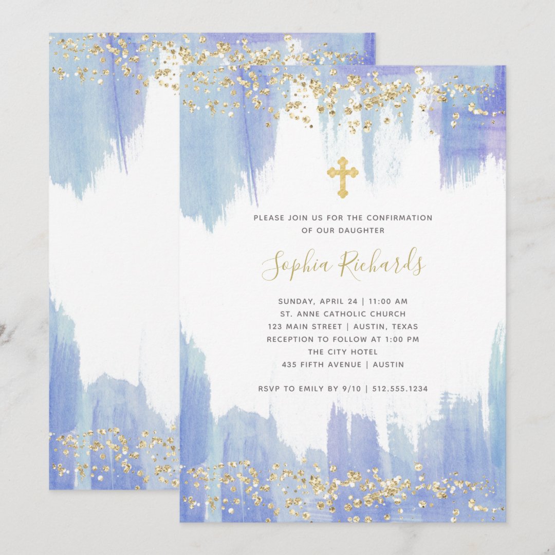 Elegant Blue Watercolor and Gold | Confirmation Invitation | Zazzle
