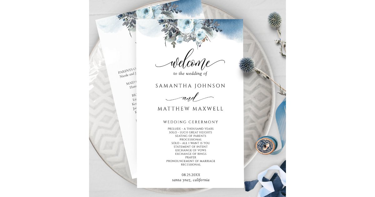 Elegant Blue Watercolor Floral Wedding Program | Zazzle