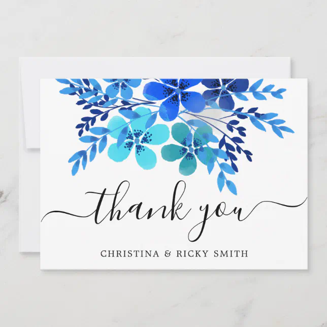 Elegant Blue Watercolor Flowers Wedding Thank You Card | Zazzle