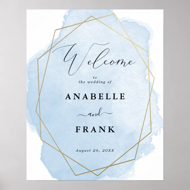Elegant Blue Watercolor, Gold Frame Welcome Poster | Zazzle
