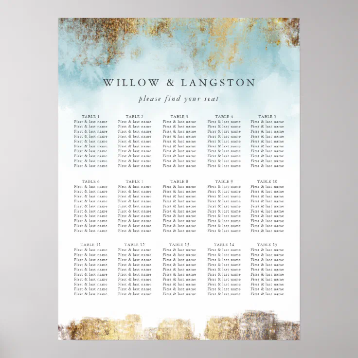 Elegant Blue Watercolor Gold Wedding Seating Chart | Zazzle
