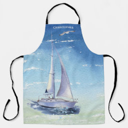 Elegant Blue Watercolor Sailing Ship Monogram Apron | Zazzle