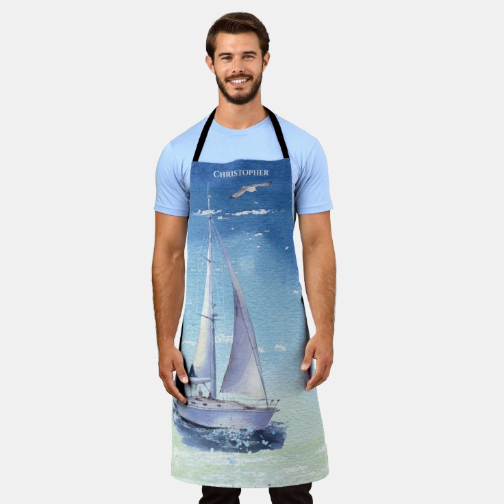 Elegant Blue Watercolor Sailing Ship Monogram Apron | Zazzle