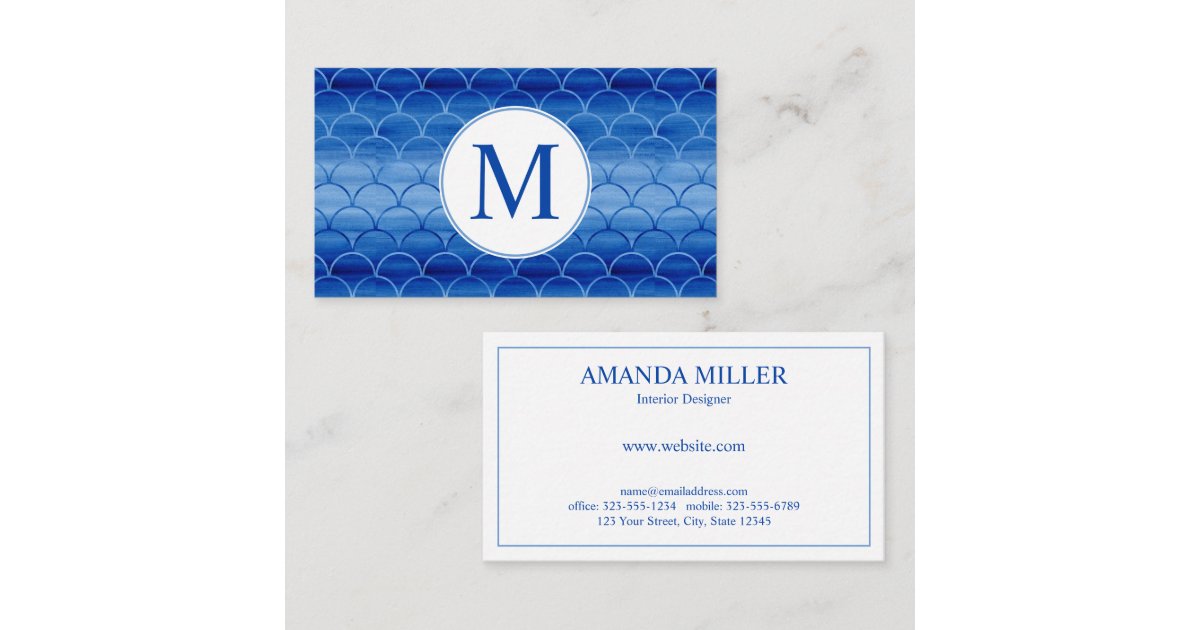 Elegant Blue Watercolor Scale Pattern Monogram Business Card | Zazzle