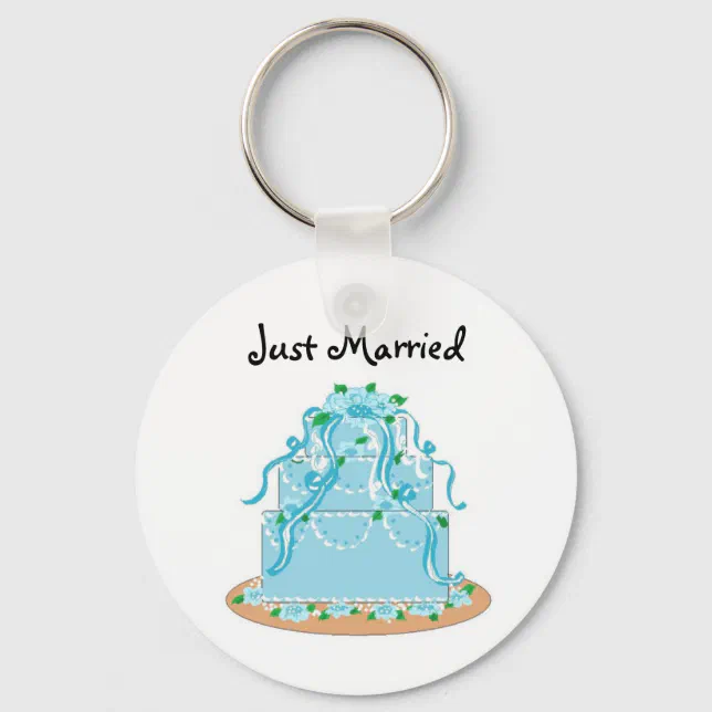 Elegant Blue Wedding Cake - Just Married Keychain | Zazzle