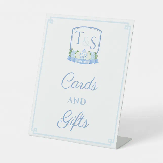 Elegant Blue Wedding Crest Cards And Gifts Pedestal Sign | Zazzle