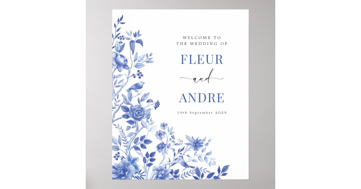 Elegant Blue White Chinoiserie Wedding Welcome Poster | Zazzle
