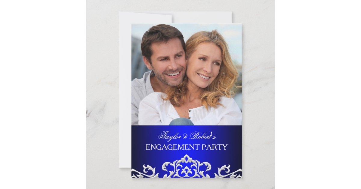 Elegant Blue & White Damask Engagement Party Invitation | Zazzle