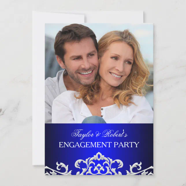 Elegant Blue & White Damask Engagement Party Invitation | Zazzle