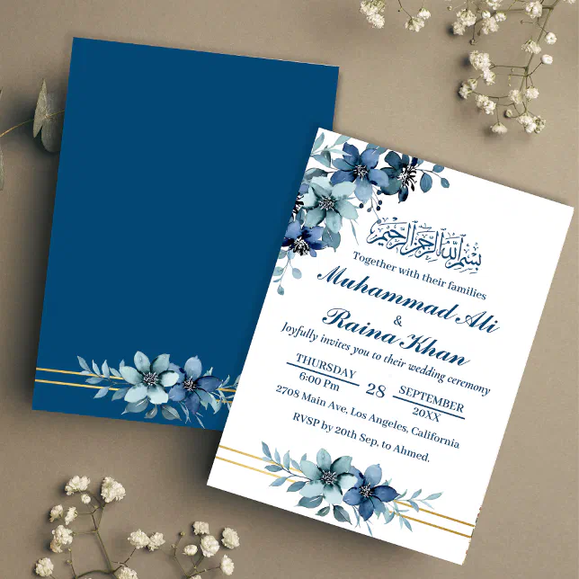 Elegant Blue White Floral Islamic Muslim Wedding Invitation | Zazzle