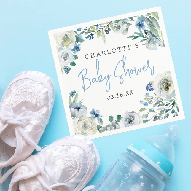 Elegant Blue White Floral Spring Boy Baby Shower Napkins | Zazzle