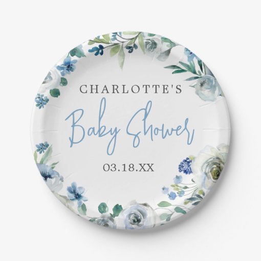 Elegant Blue White Floral Spring Boy Baby Shower Paper Plates | Zazzle