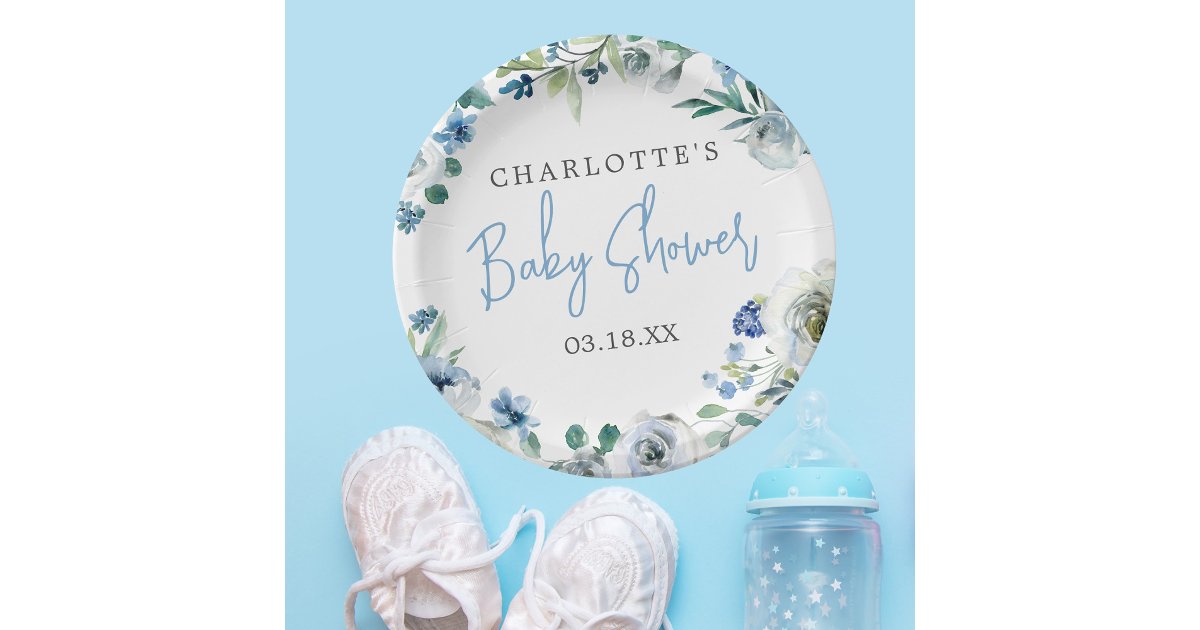 Elegant Blue White Floral Spring Boy Baby Shower Paper Plates | Zazzle