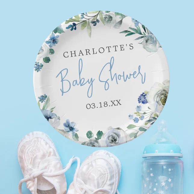 Elegant Blue White Floral Spring Boy Baby Shower Paper Plates | Zazzle