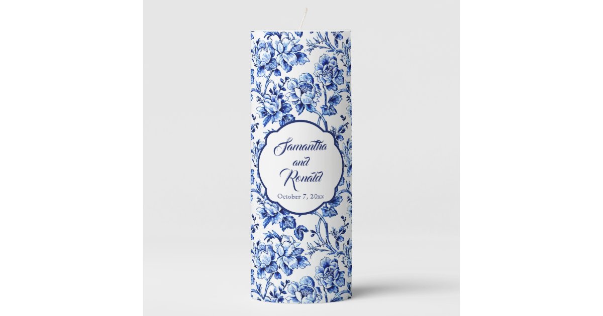 Elegant Blue White Floral Toile Wedding Pillar Candle | Zazzle