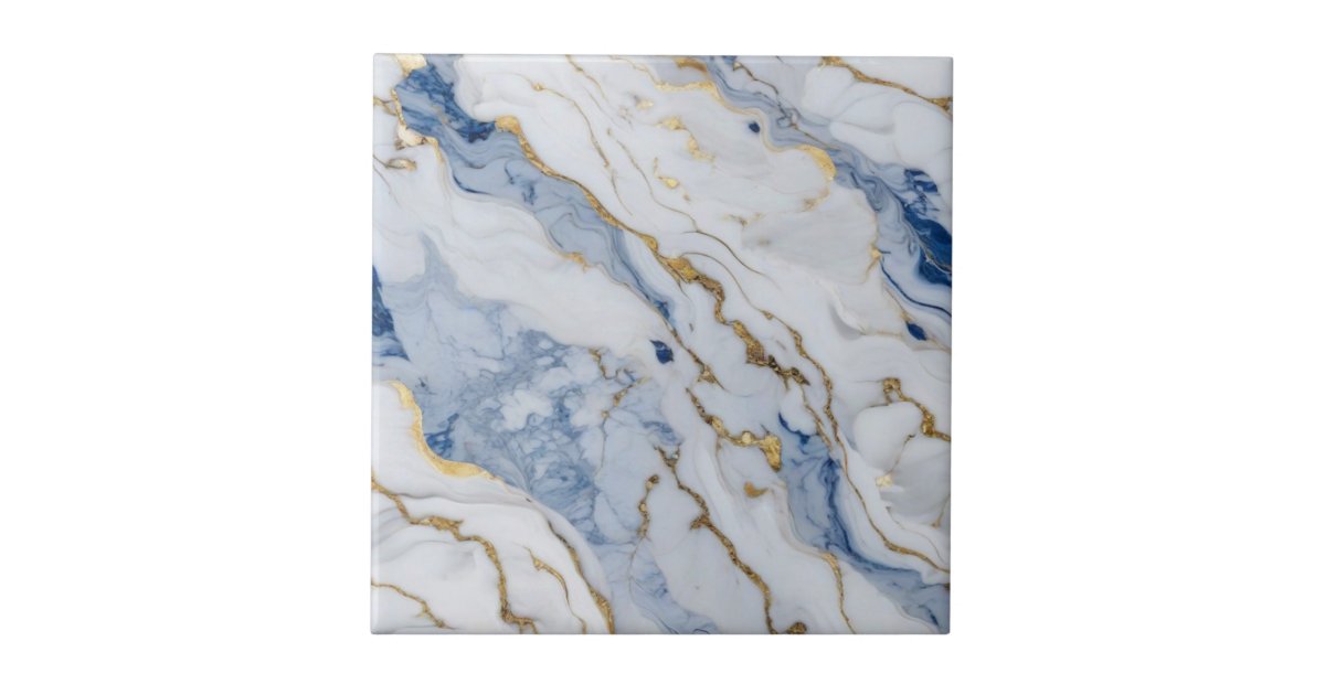 Elegant blue white gold marble granite pattern ceramic tile | Zazzle