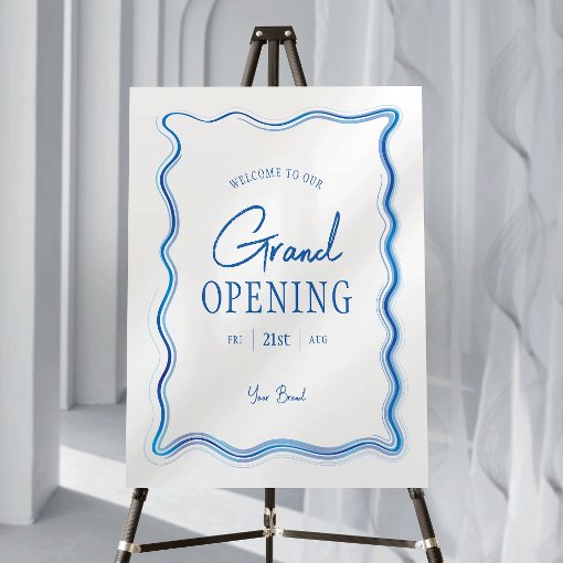 Elegant Blue & White Hand Drawn Grand Opening Sign | Zazzle
