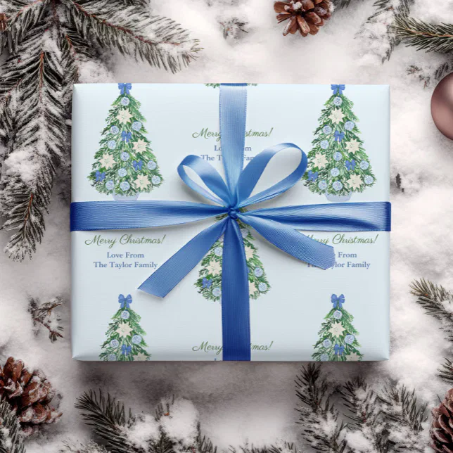 Elegant Blue & White Holidays Tree Merry Christmas Wrapping Paper | Zazzle