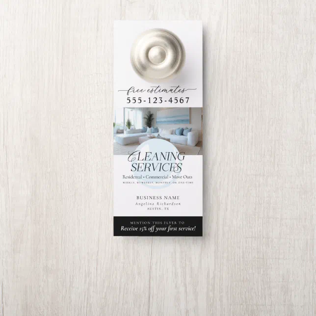 Elegant Blue White Modern Cleaning Services Door Hanger | Zazzle