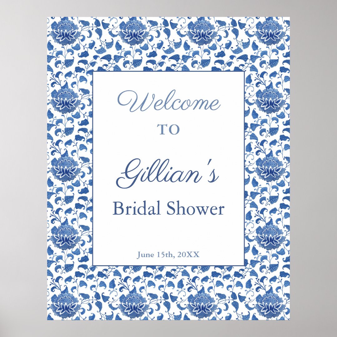 Elegant Blue White Pattern Bridal Shower Welcome Poster | Zazzle