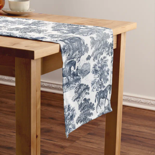 Elegant Blue White Rustic Horses Toile Short Table Runner | Zazzle
