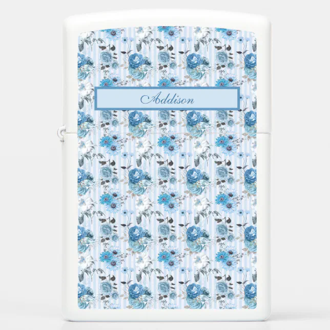 Elegant Blue White Stripes and Roses Personalized Zippo Lighter | Zazzle