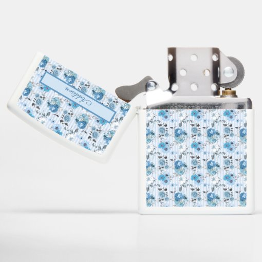 Elegant Blue White Stripes and Roses Personalized Zippo Lighter | Zazzle